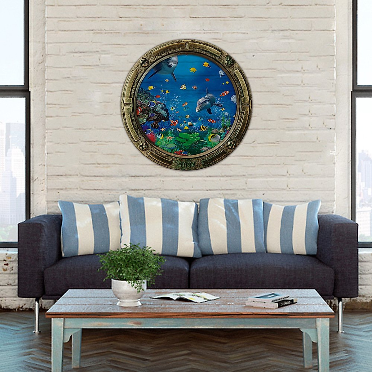 BooDecal 17 in x 17 in Dolphins Variours Tropical Fish Unsersea Series Porthole Fake Window Removable Wall Decals Swimming Sea Fish Waterproof Wall Stickers for Childrens Playroom Nursery Bathroom