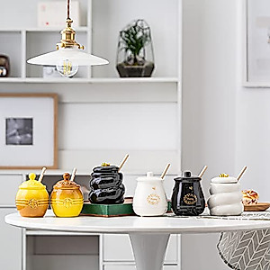 KEKEHOME Ceramic Honey Pot with Lid and Wooden Dipper, 10oz Small Porcelain Honey Jar for Home Kitchen Honey Syrup Jam Jelly