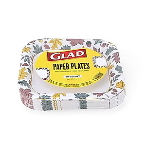 Glad Everyday Square Disposable Paper Plates with Falling Foliage Design, Small | Cut-Resistant, Microwavable Paper Plates for All Foods & Daily Use | 7 Inches, 30 Count