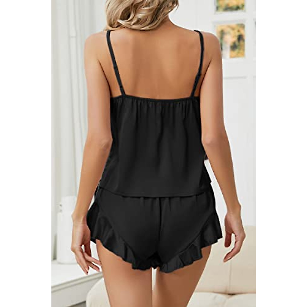 CHYRII Women's Sexy Silk Satin Ruffled Pajamas Sets Cami Shorts Sets Cute PJS Lingerie Slppewear Set Black M