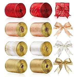 8 Rolls Wired Ribbon for Christmas Tree - 2.5 Inch x 40 Yards Assorted Elegant Organza Glitter Christmas Ribbon for Crafts, Wreath, Home Decoration (Red & White)