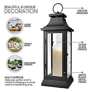 Serene Spaces Living Black Hurricane Lanterns with Clear Glass Panels, Perfect for Home Decor, Parties & Events, Table Top Or Hanging Lantern for Indoor & Outdoor, Measures 15" Tall and 5" Diameter