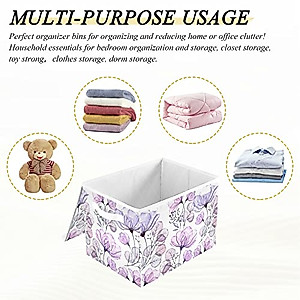 SUABO Beautiful Purple Rose Flower Storage Bin with Lid Large Oxford Cloth Storage Boxes Foldable Home Cube Baskets Closet Organizers for Nursery Bedroom Office