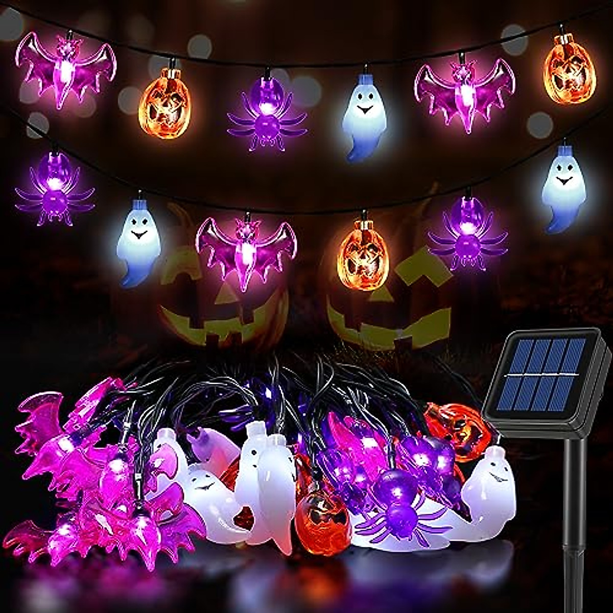 Enhon Halloween Lights, 26 FT 40LED Solar Halloween Pumpkin Bat Ghost Spider Lights for Decoration, IP44 Waterproof Lights with 8 Modes for Garden(Orange, Cool White, Purple, Dark Purple,1 Pc)