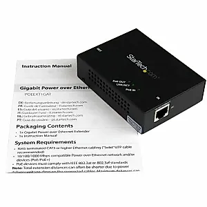 StarTech.com 1 Port Gigabit PoE+ Extender 802.3at & 802.3af - 100m (330ft) - Power over Ethernet Extender - PoE Repeater Network Extender , TAA (POEEXT1GAT)