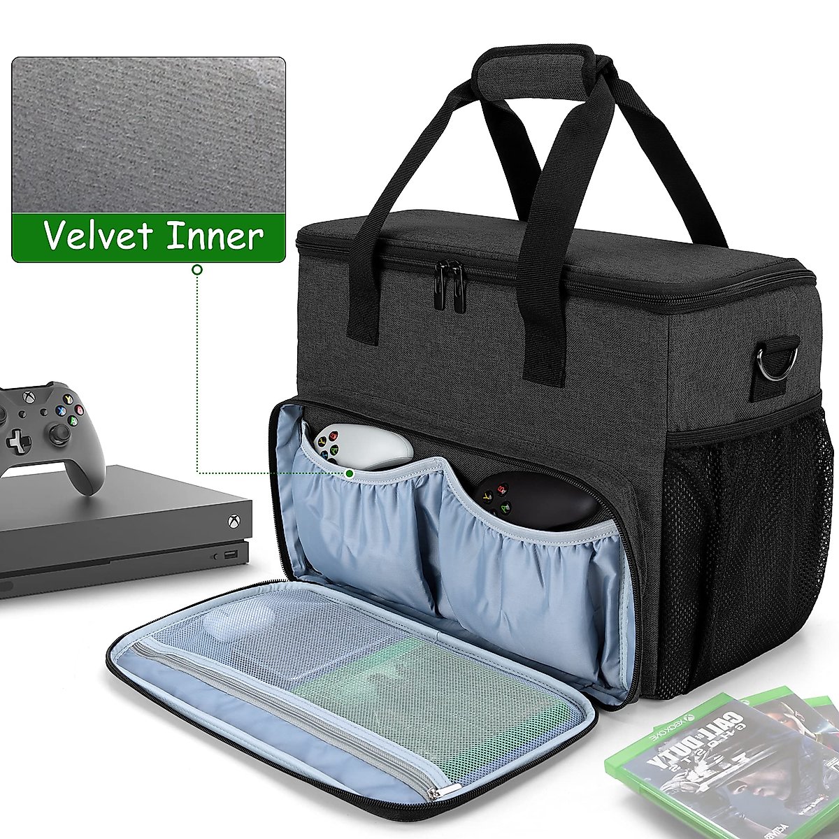 CURMIO Travel Carrying Case Compatible with Xbox Series S, Xbox One/ One S/ One X and Xbox 360, Game Storage Bag for Console, Controller and Accessories, Black (Bag Only, Patented Design)