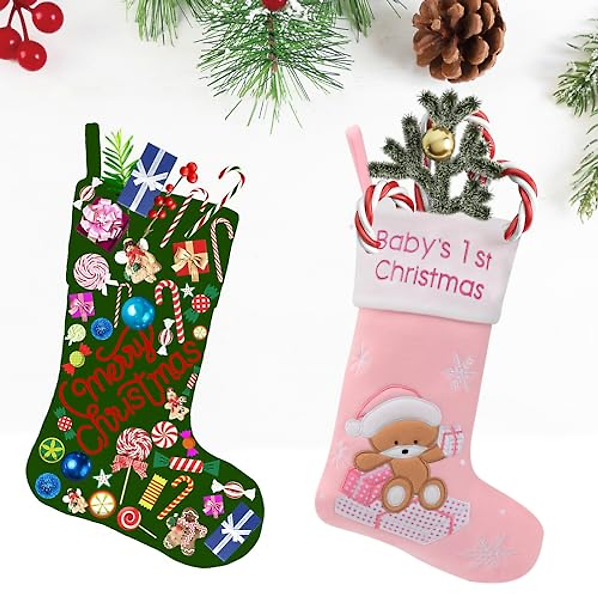 Cuteoy Baby’s First Christmas Stockings Boy Girl Xmas Stockings Gifts for Newborn Ornament Home Family Decor,Pink, 20’’
