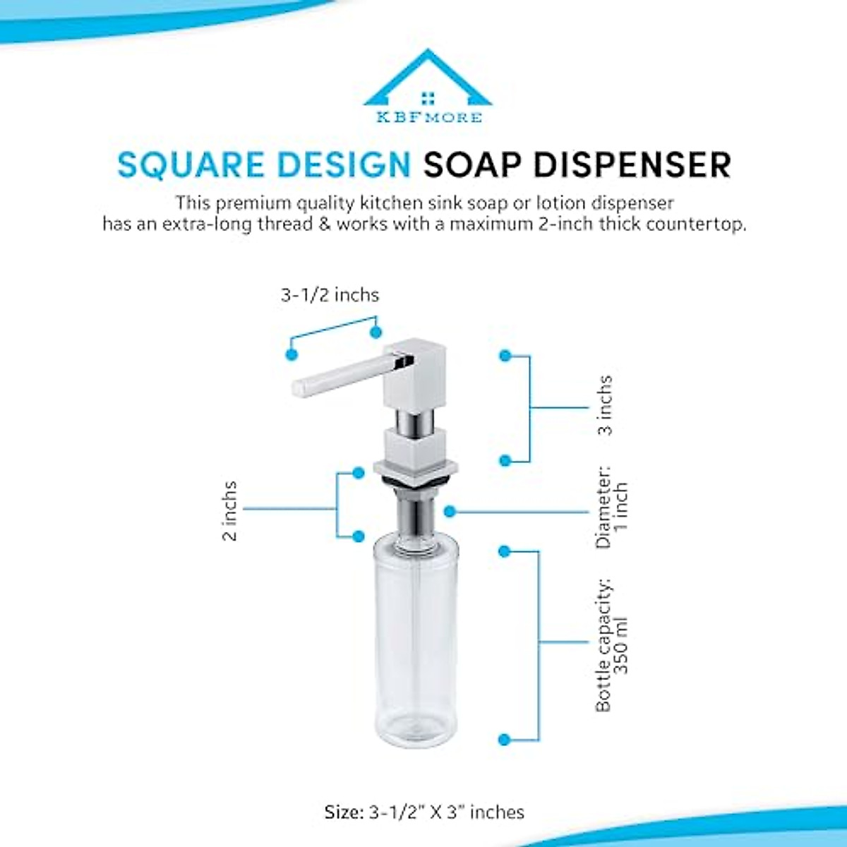 KBFmore 350 ml Square Polished Chrome Finish Kitchen Soap or Lotion Dispenser Fingerprint, Spot and Rust Resistant Stainless Steel 360 Degree Swivel Spout with Countertop Design PET Bottle