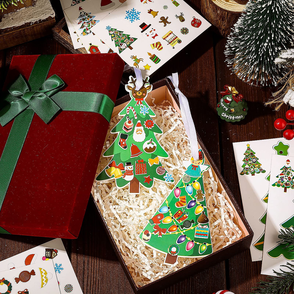 48 Pieces Christmas Tree Craft Kit for Kids Christmas Arts and Crafts Make Your Own Christmas Craft Project for Kid DIY Christmas Tree Ornament Kit Self Adhesive Sticker Sheet for Xmas Tree Decoration