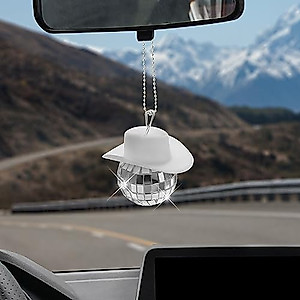 Disco Ball Car Mirror Hanging Accessories,White Disco Ball Car Accessory,Disco Cowgirl Car Charm,Disco Ball Car Mirror Ornament Decoration for Women