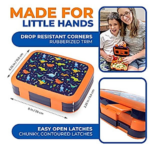 Dinosaur Bento Lunch Box for Boys Toddlers, 5 Portion Sections Secure Lid, Microwave Safe BPA Free Removable Plastic Tray, Pre-School Kid Daycare Lunches Snack Container Ages 3 to 7 Blue Orange