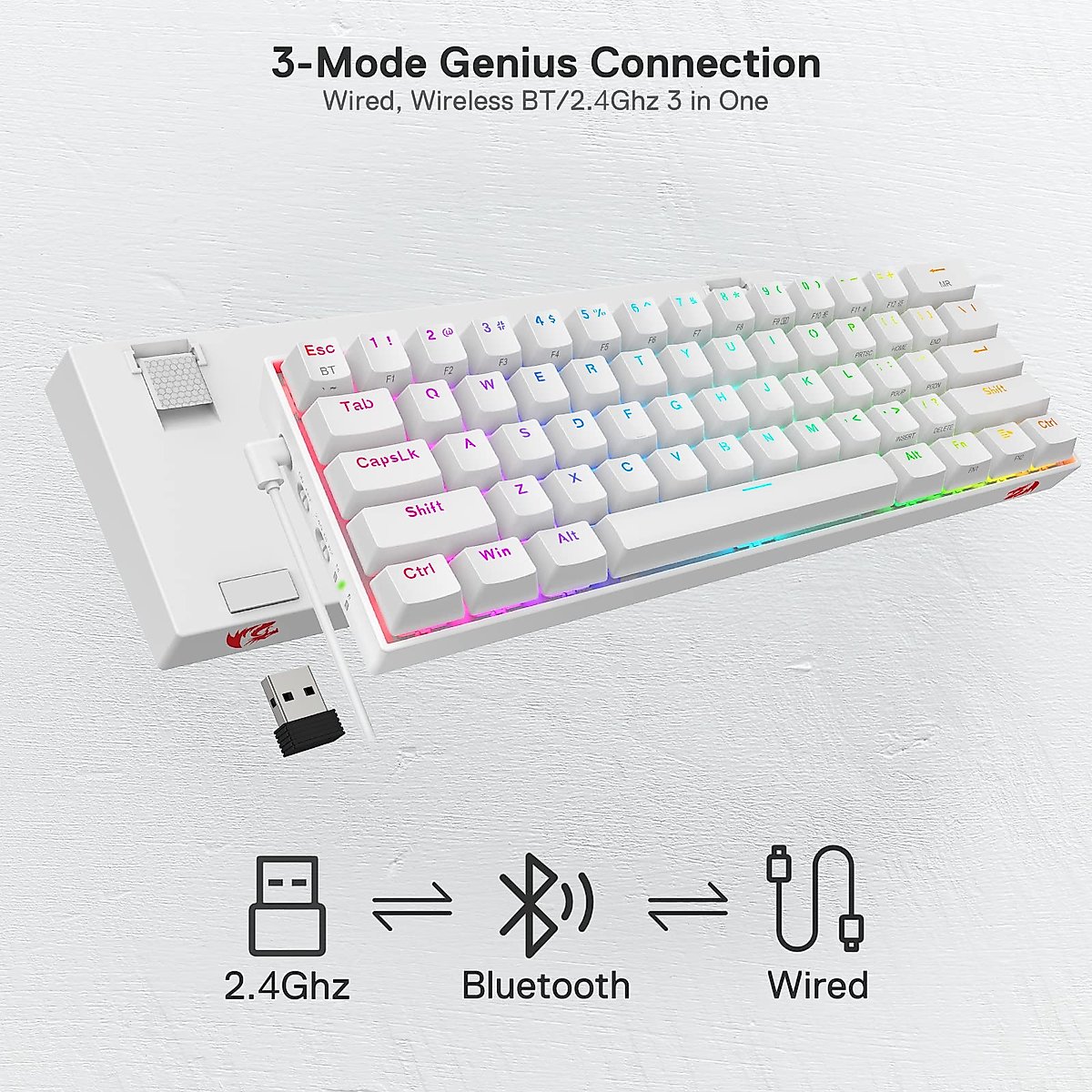 Redragon K530 Pro Draconic 60% Wireless RGB Mechanical Keyboard, BT/2.4Ghz/Wired 3-Mode 61 Keys Compact Gaming Keyboard w/Hot-Swap Socket, Free-Mod Plate Mounted PCB & Tactile Brown Switch