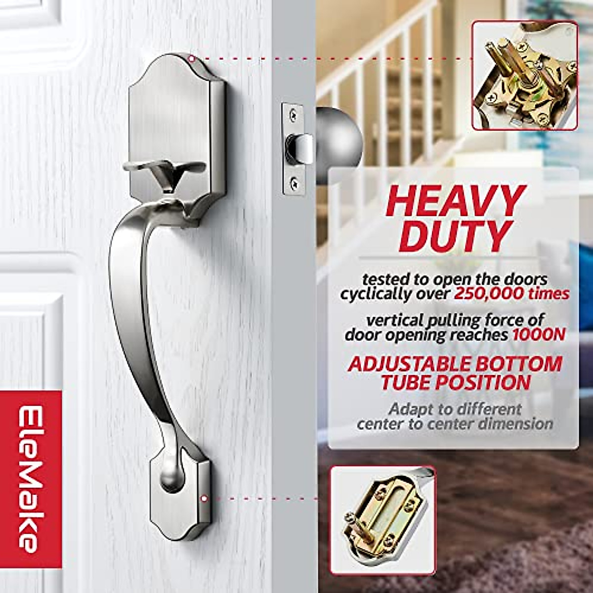 Elemake Front Door Handle - Front Door Lock Exterior/Interior Front Entry Handleset with Door Knob, Heavy Duty Keyless Entry Door Handle, Brushed Nickel Plating