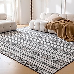 KORBLISS Living Room 5x7 Area Rug, Machine Washable Non-Slip Indoor Vintage Rug, Lightweight Low-Pile Printed Rug, Suitable for Bedroom, Dining Room and Home. Stripes Dark Grey