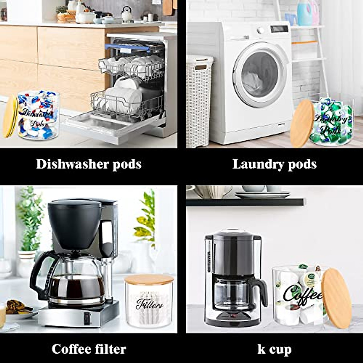 Laundry Pods Holder Container, 3Qt Big Glass Storage Container with Wood Lid, Stackable Large Clear Glass Jar Organizer Canister for Laundry Room Holds 81 Laundry Pods, 4 Label Sticker