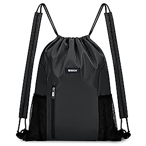 WANDF Drawstring Backpack with Shoulder Pad Sports Gym Backpack with Mesh Pocket String Bag for Women Men(Black)