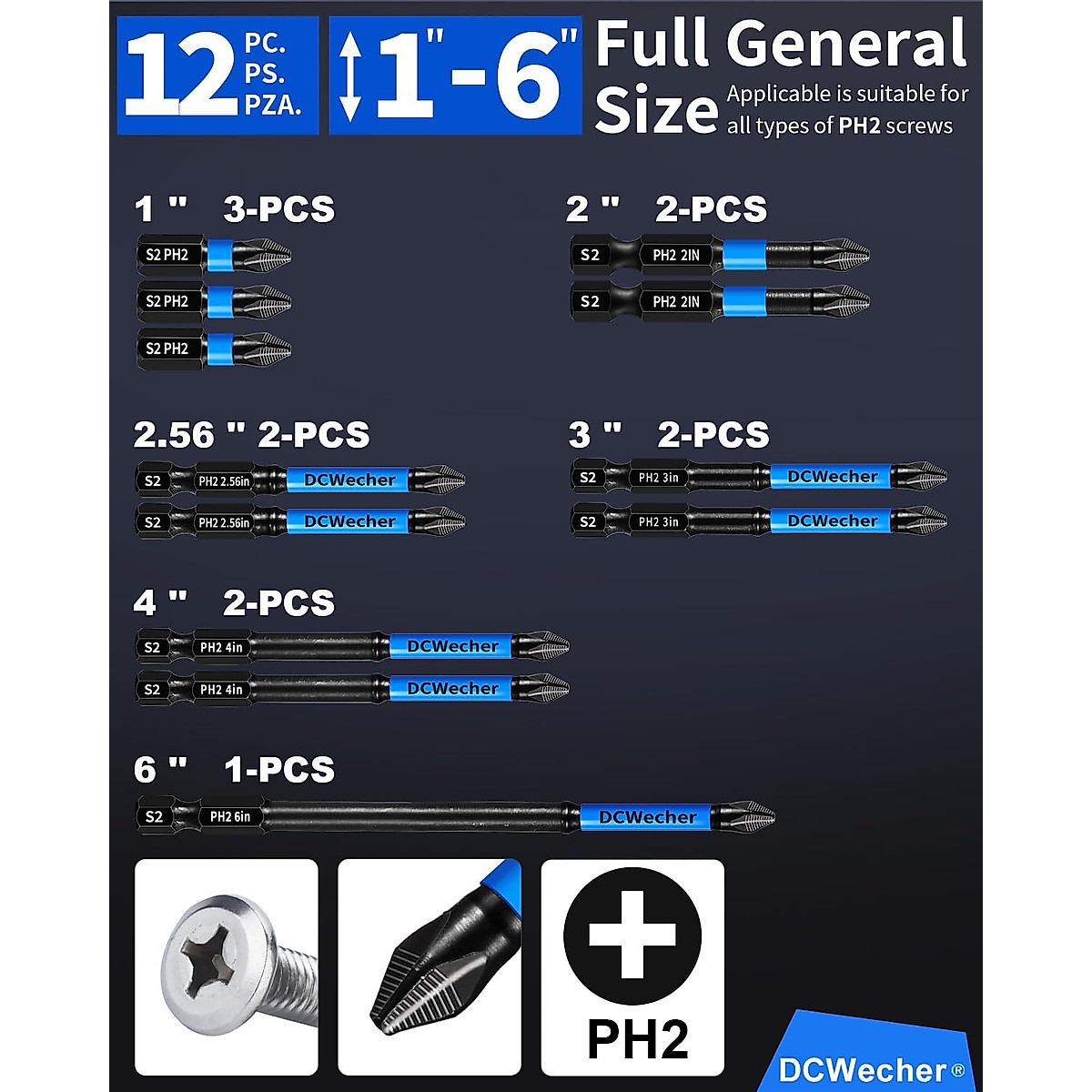 12-Pack 2 Phillips Bits, Professional CNC Anti-Slip Phillips Impact Driver Bits #2, 1 IN to 6 IN Long Screwdriver Bits, Phillips Head Drill Bits S2 Alloy Steel, Magnetic Phillips Bit, Ph2 Bits