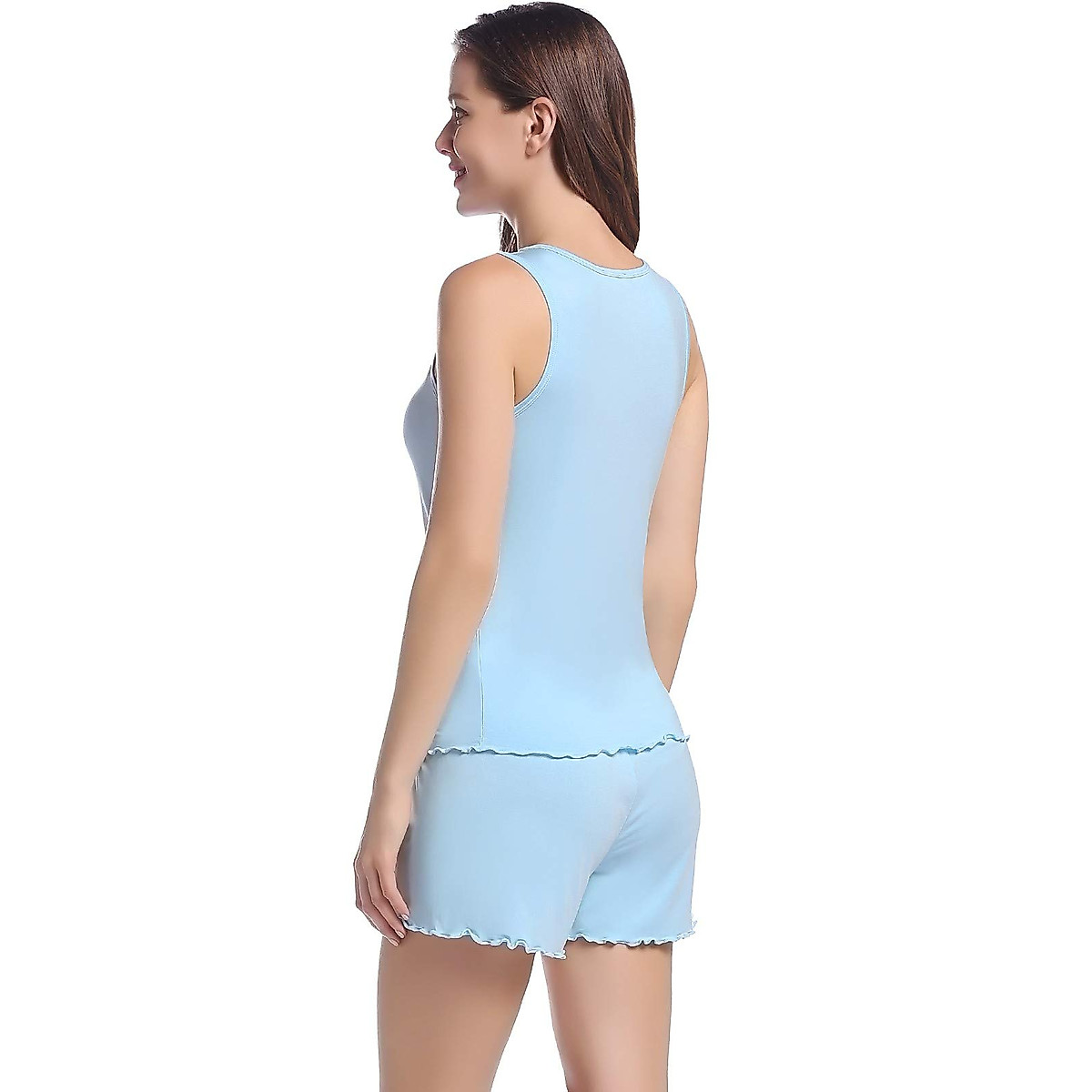 Joyaria Ladies Two Piece Sleeveless Tank Top Pajama/Pj/Sleep/Lounge Shorts Set(Light Blue,Large)