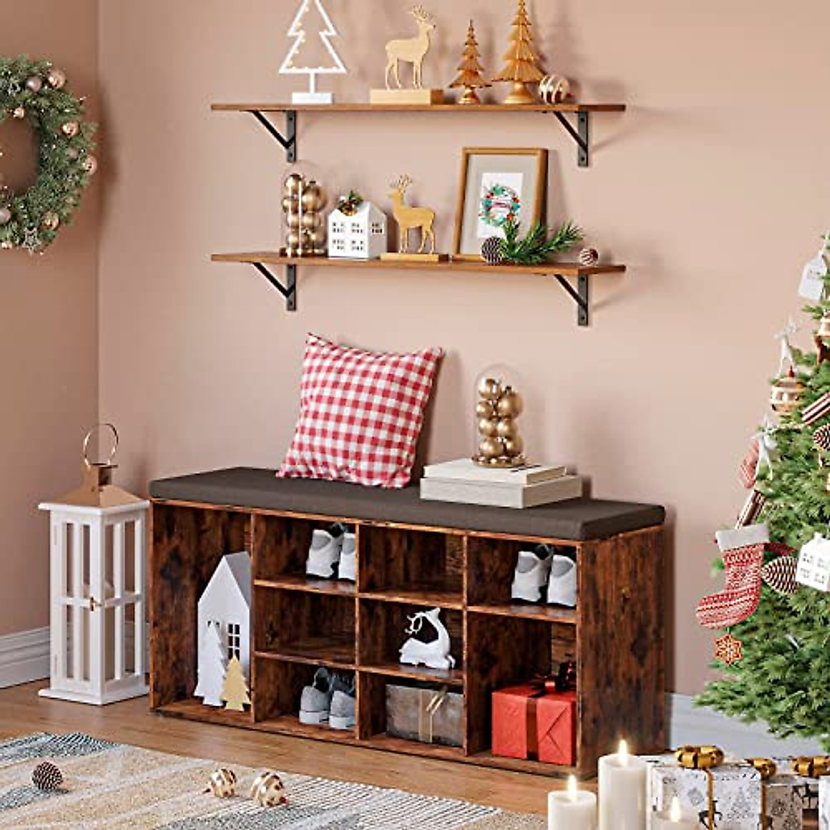 DINZI LVJ Long Wall Shelves, 31.5 Inch Wall Mounted Shelves Set of 2, Easy-to-Install, Wall Storage Ledges with Sturdy Metal Brackets for Living Room, Bathroom, Bedroom, Kitchen, Rustic Brown