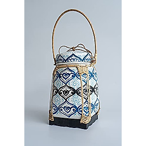 Siam Sawadee White Weaved Bamboo Rice Basket, Hand Woven Thai Rattan Jar, Handcrafted Traditional Household Wicker Container, Moroccan Pattern Painted, Handmade in Thailand, 7x12 inches