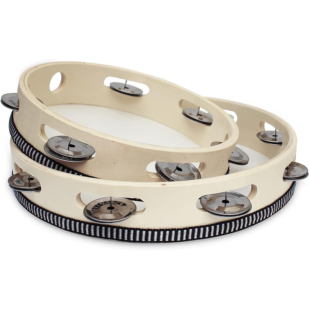 RSYJ Tambourine for Adults, 2 Pieces (10 Inch and 8 Inch) Wood Hand Held Tambourine, Tambourines with Jingle Bells Single Row, 1005RSYJ