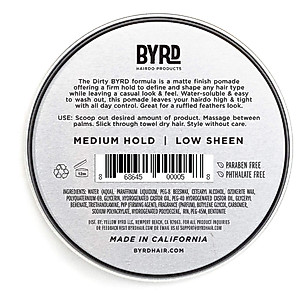 BYRD Hair Matte Pomade - Medium Hold, No Sheen, For All Hair Types, Mineral Oil & Paraben Free, Phthalate & Sulfate Free, Cruelty-Free, Water Based, 3.35oz