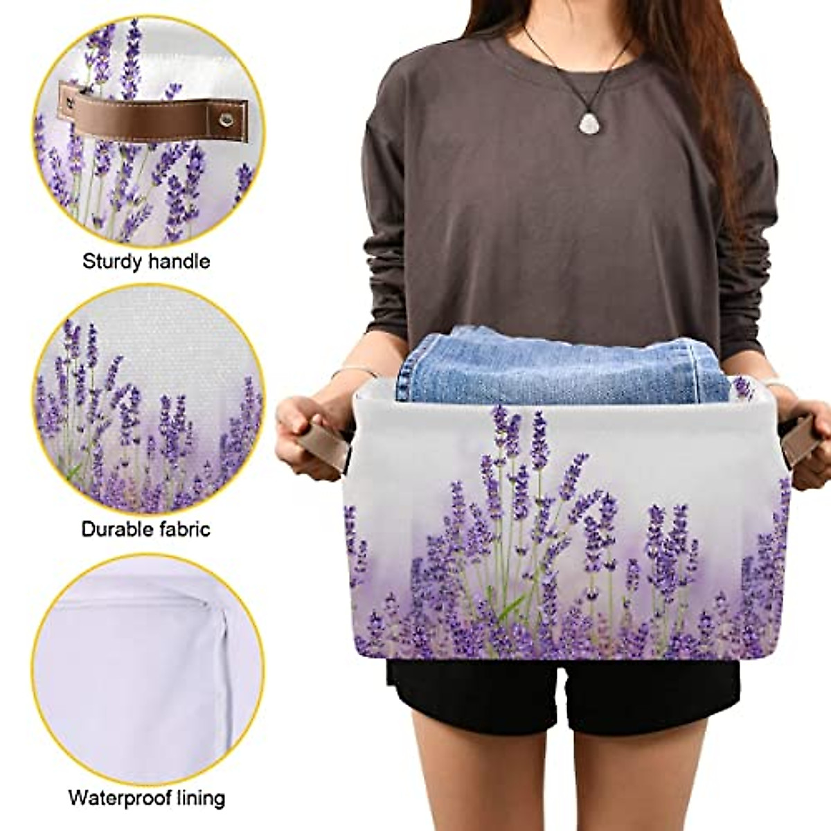 KEEPREAL Lavender Flowers Storage Basket Bin, Large Cube Storage Box Canvas Collapsible Storage Organizer for Home Office Closet - 15 L x 11 W x 9.5 H