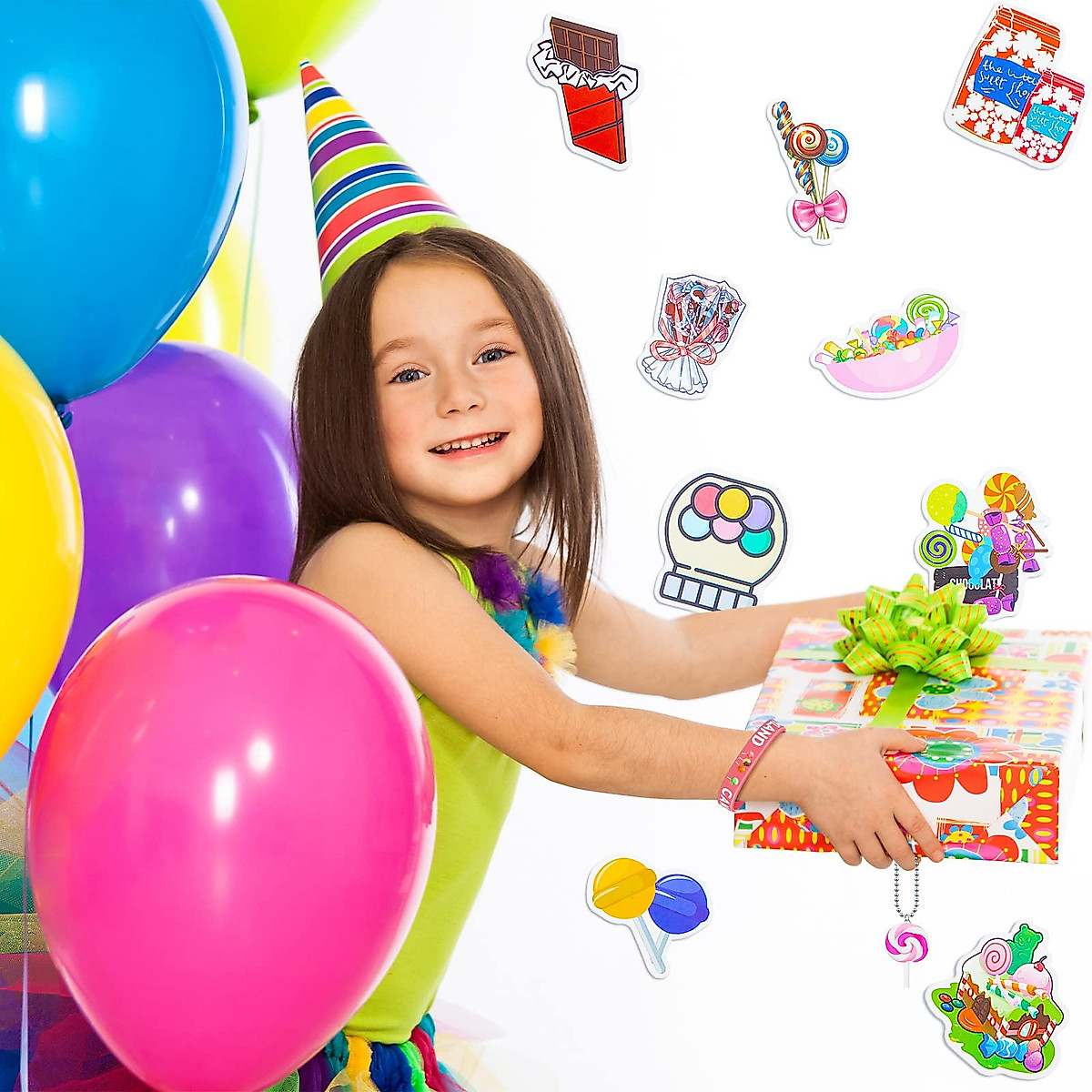 Deekin 147 Pcs Candyland Party Favors Set Include 24 Lollipops Keychains 24 Candyland Silicone Wristbands 50 Candy Stickers 24 Thank You Tags and White Organza Bags Candyland Party Favors