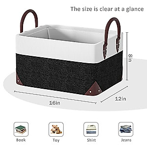 Foldable Storage Bins Baskets - Decorative Linen Fabric Storage Baskets with Steel Frame and PU Leather Handles for Organizing Shelf Closet