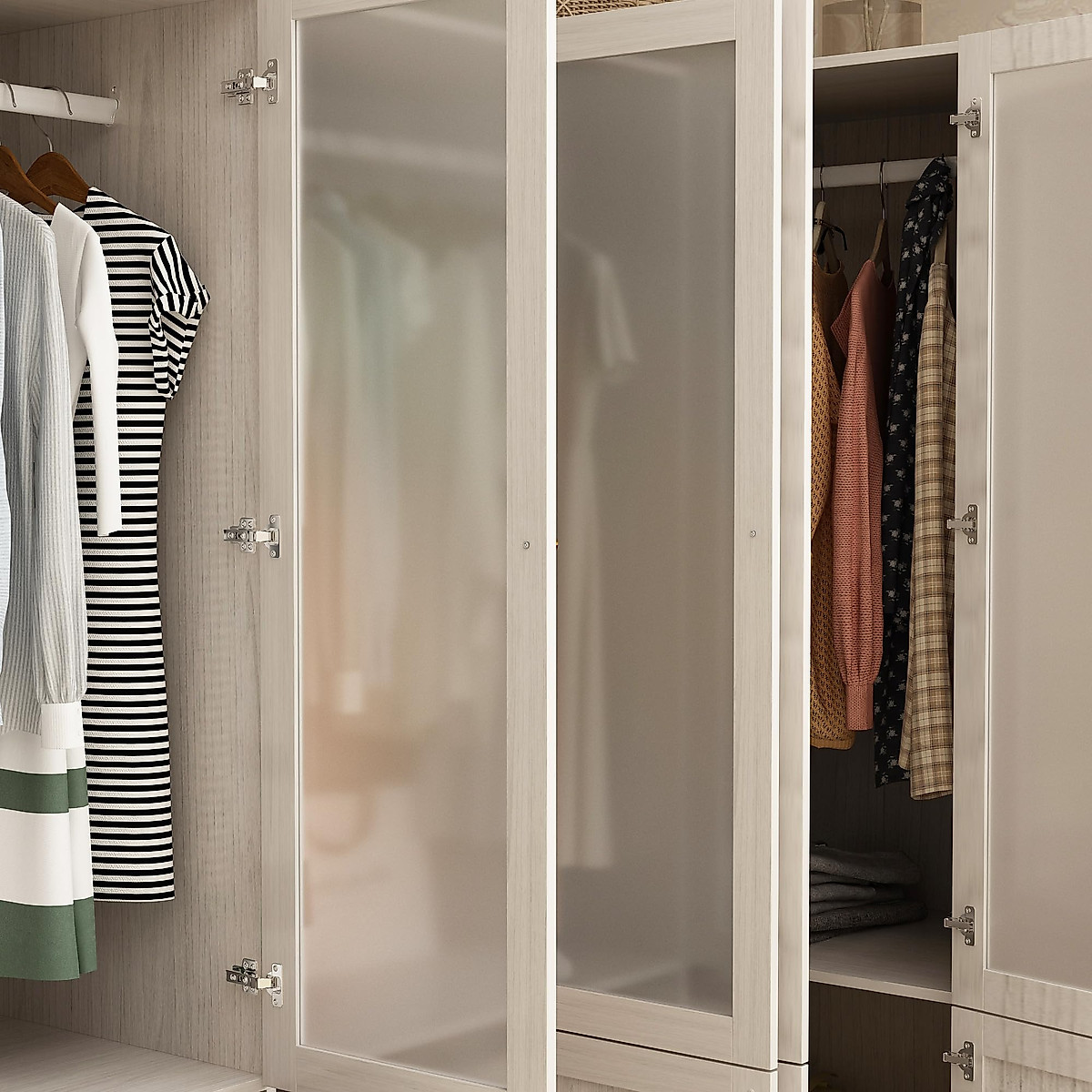 Homsee Extra Large L-Shape Armoire Wardrobe Closet with 6 Frosted Glass Doors, Hanging Bars, Shelves & Drawers, 98.4" L Wooden Closet Storage Cabinet for Bedroom, Warm Grey