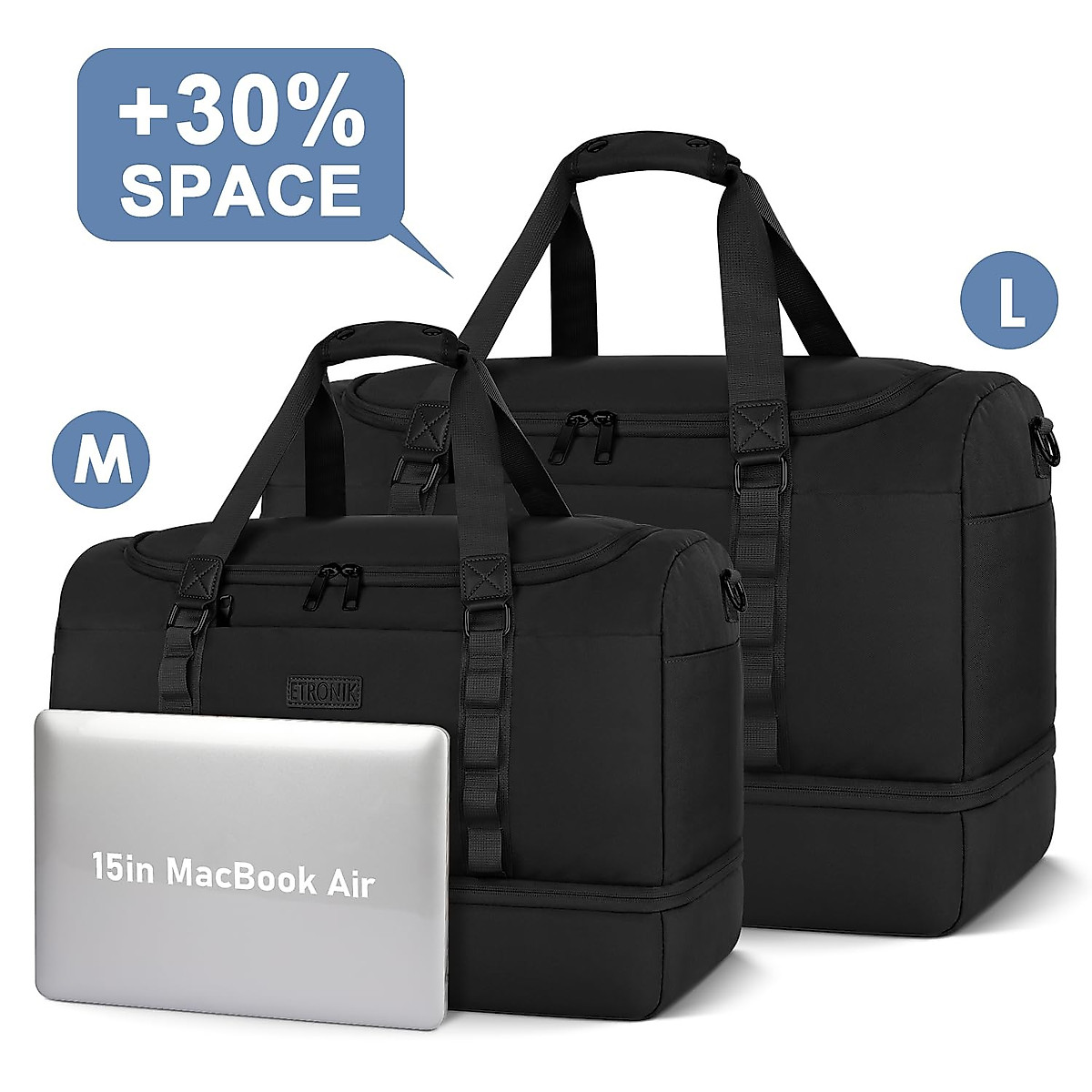 ETRONIK Travel Bag for Men Women, Duffle Bag & Gym Bag with Shoe Compartment, Weekender Overnight Bag with Toiletry Bag, Carry on Bags for Airplane for Travel, Trip, Gym, Yoga, Black