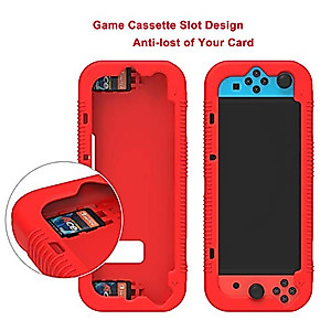 Teyomi Protective Silicone Case for Nintendo Switch, Grip Cover with Tempered Glass Screen Protector, 2 Storage Slots for Game Cards, Shock-Absorption & Anti-Scratch (Red)