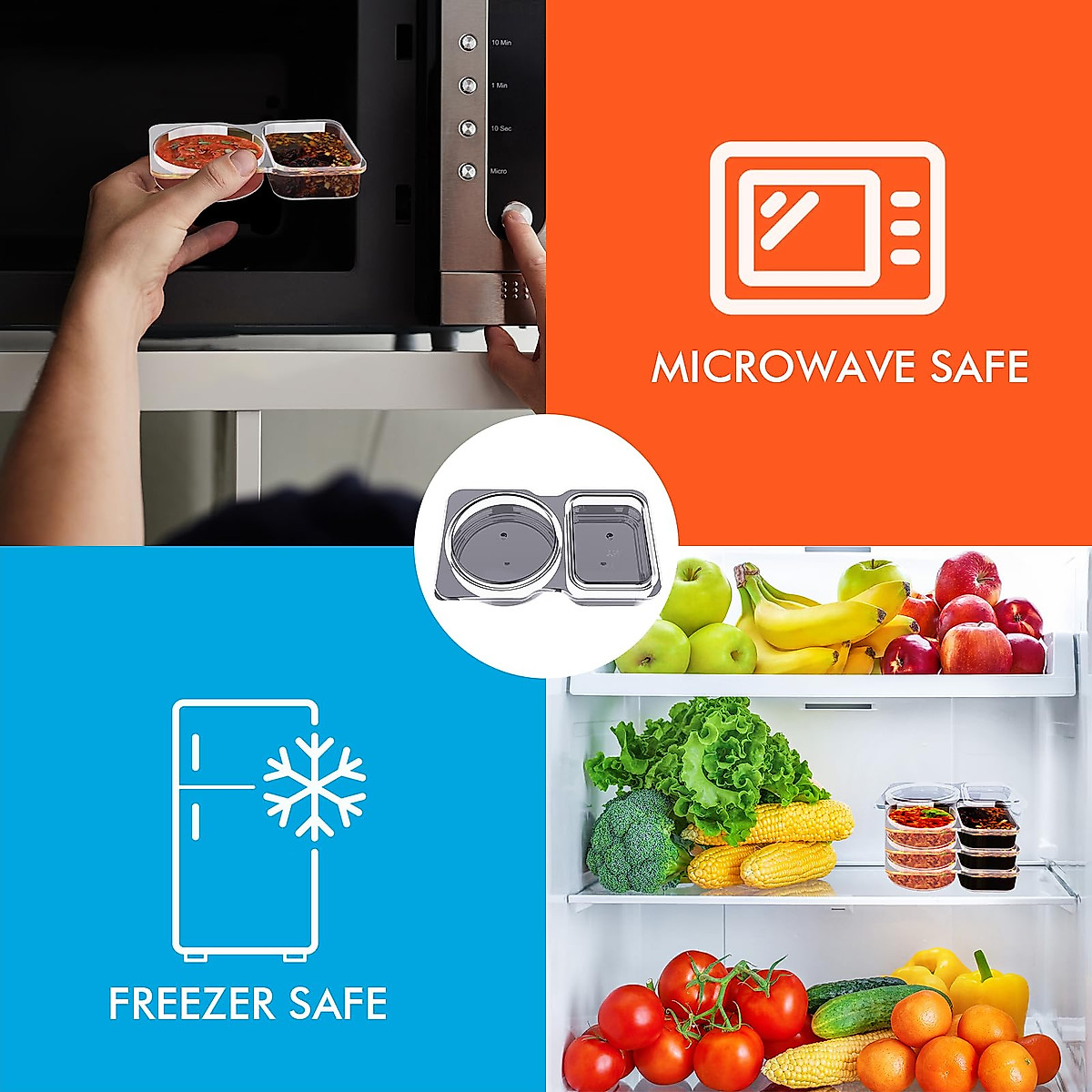 Double Compartment Condiment Containers with Lids, 2024 New Disposable 2 Compartment Snack Containers, Portion Cups Reusable Plastic Snack Container for to-go Sauce, Sampling, Travel Snack (32 PCS)