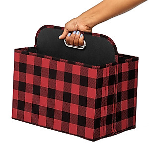 mDesign Holiday Storage Box for Gift Wrapping and Bows with Compartments and Handle - Christmas Organizer Tote for Ribbons - Divided Container for Crafts and Stationary - Buffalo Plaid, Red/Black