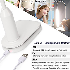 AnSun Rechargeable LED Desk Lamp Clip on Table Light with Battery Powered (2000mAh) 3 Color, Stepless Dimmable Touch Control 360° Flexible Reading Clamp Lamp for Study Bedroom Office (White)
