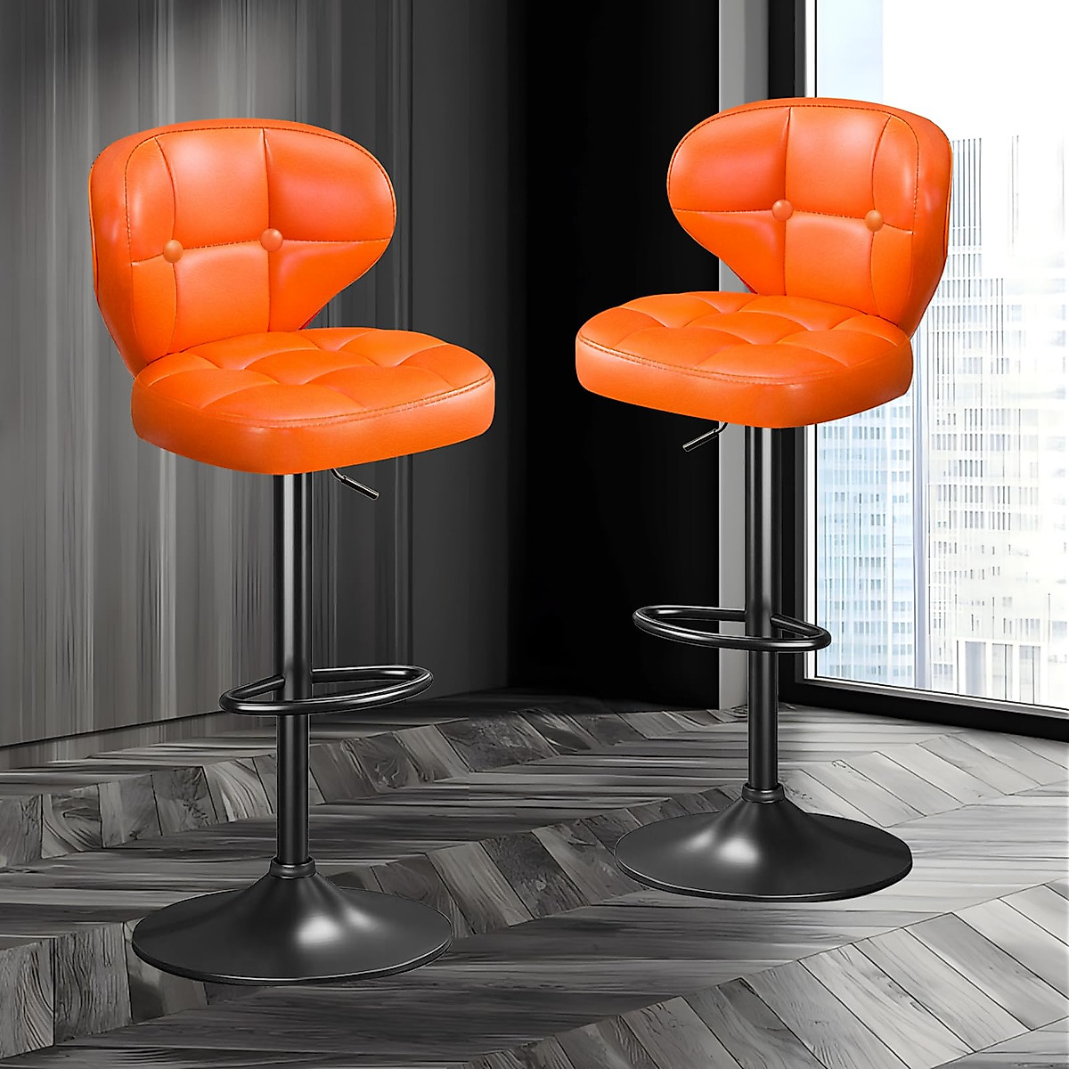 Modern Bar Stool Set of 2 Swivel Kitchen Stool Height Adjustable Padded Seat with Backrest Metal Frame Anti-Slip Base Ideal for Home Restaurant Bar (Orange)