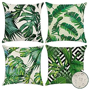 OTOSTAR Outdoor Waterproof Linen Throw Pillow Covers 18x18 Inch Square Pillow Covers Set of 4 Tropical Green Leaves Decorative Cushion Covers for Couch Sofa Tent Garden Patio