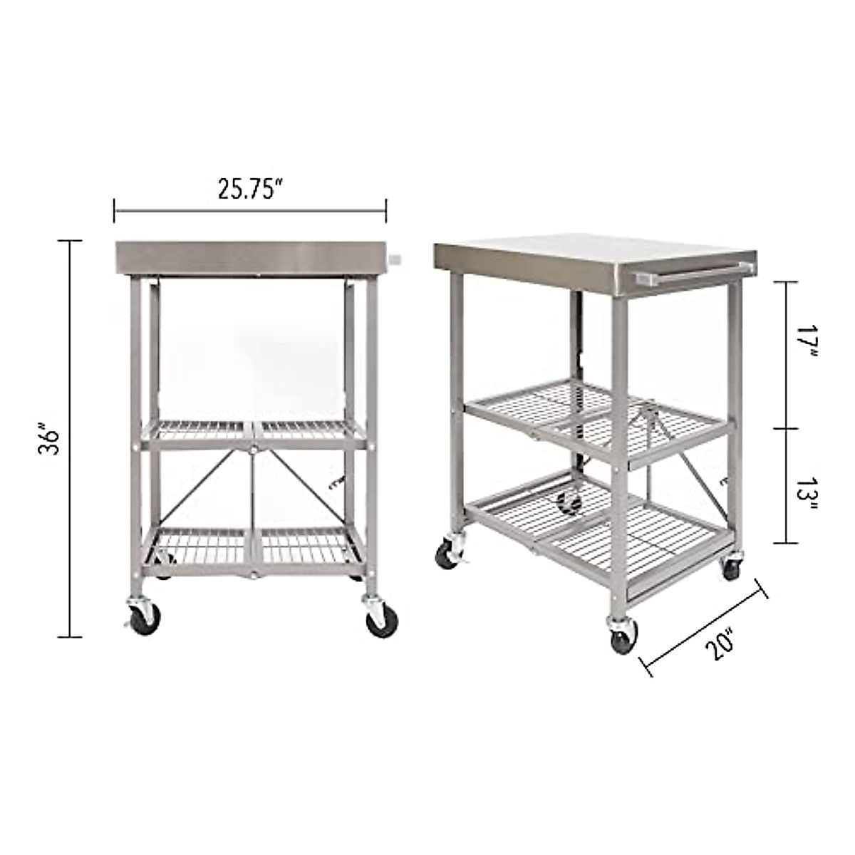 Origami Stainless Steel Cart on Wheels, 3-Tier Foldable Rolling Cart Made of Commercial-Grade Metal - Stainless Steel Design for Chefs Outdoor Food Prep Folding Kitchen Cart