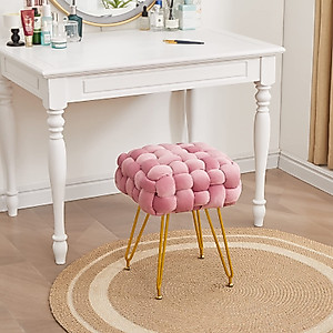 Square Velvet Vanity Stool, Upholstered Ottoman Foot Rest with Adjustable Metal Legs, Makeup Ottoman for Bedroom, Dressing Room, Living Room, Pink