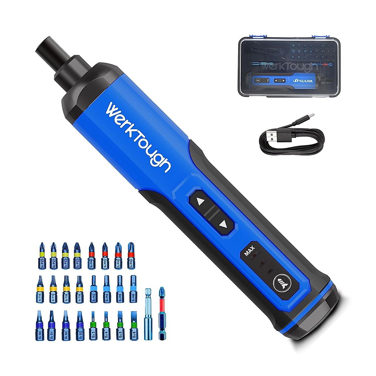 Werktough 4V Mini Electric Cordless Screwdriver with 3-Gear Torque 5Nm Power 25pc Screwdriver Bits S2 LED Light USB Charging Home Improvement S026