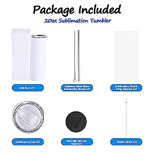 SWSOEZYT 25 Pack Sublimation Tumblers bulk 20 oz Skinny Stainless Steel Insulated Straight Blank Tumbler with Straw, Lid, Brush, Shrink Wrap and Individually Box for Heat Transfer