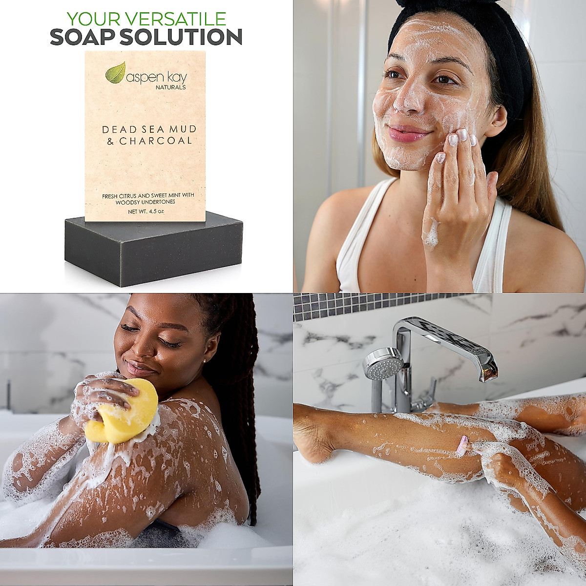 Aspen Kay Naturals Handmade Dead Sea Mud Soap Bar, Activated Charcoal & Pure Essential Oils, 4.5 oz Bar