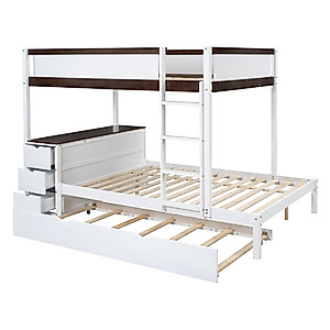 Harper & Bright Designs Full Over Full Bunk Bed Twin Size Trundle, Wood Full Bunk Bed with USB Ports, Storage and Desk, White+Walnut