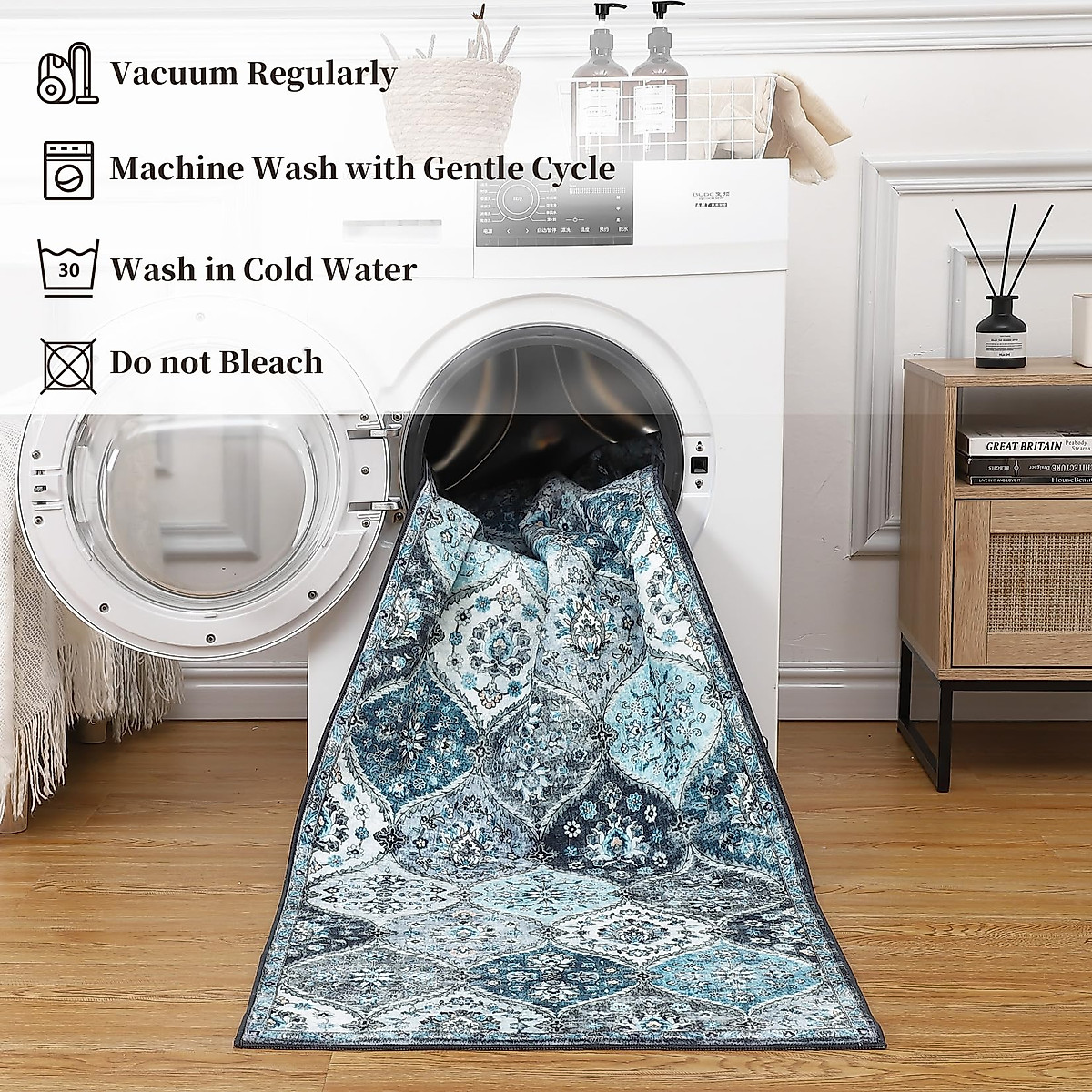 GarveeHome Washable Area Rug Moroccan Trellis Living Room Rug Non-Slip Stain Resistant Accent Rug Vintage Distressed Floral Floor Cover Carpet for Bedroom Laundry Room, 4' x 6', Blue/Grey