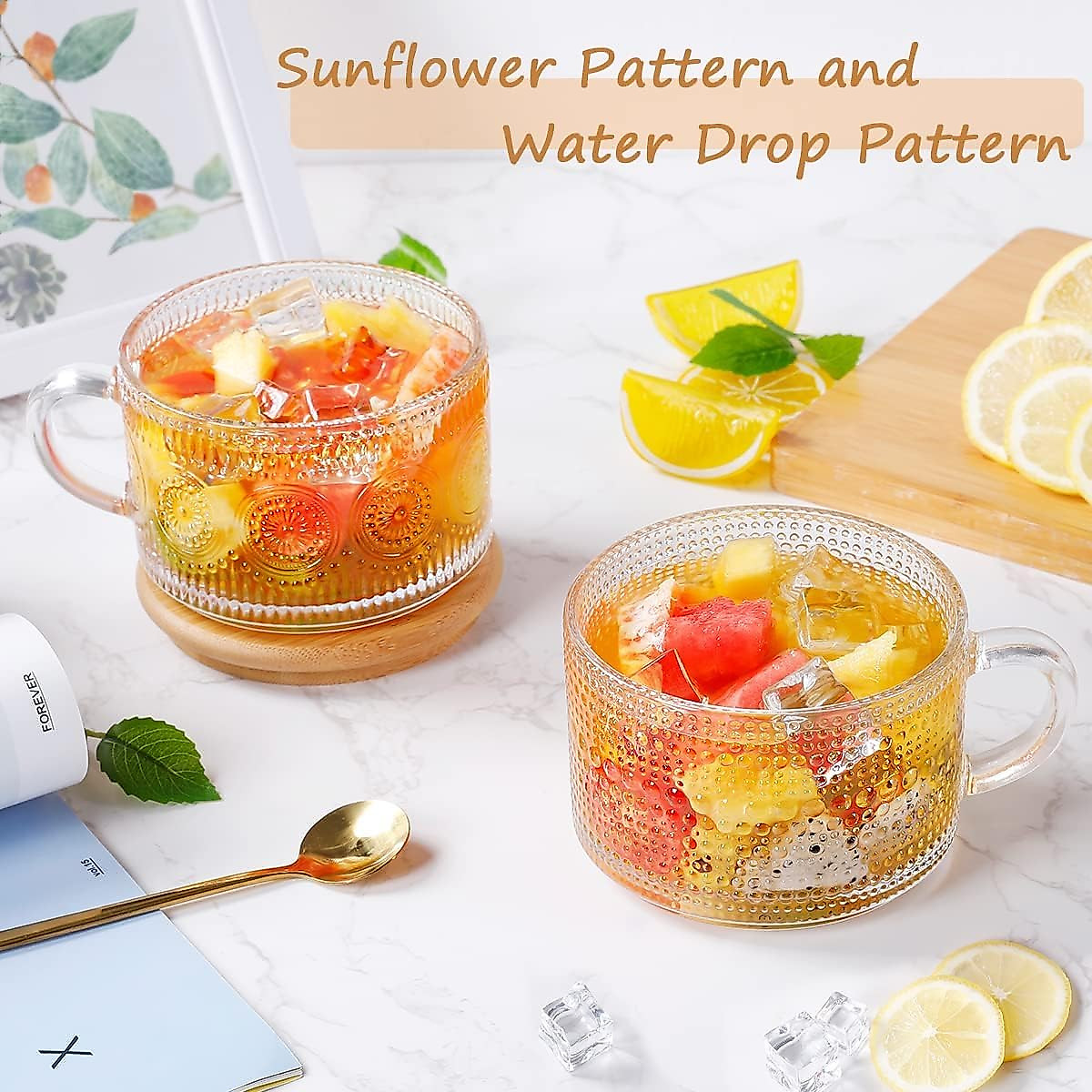 Gusnilo Set of 4pcs Vintage Embossed Clear Coffee Mugs with Bamboo Lid and Spoons,Tea,Latte,Yogurt Cups,Beverage,Overnight Oats Containers,14 Oz Glass Coffee Cups for Cappuccino