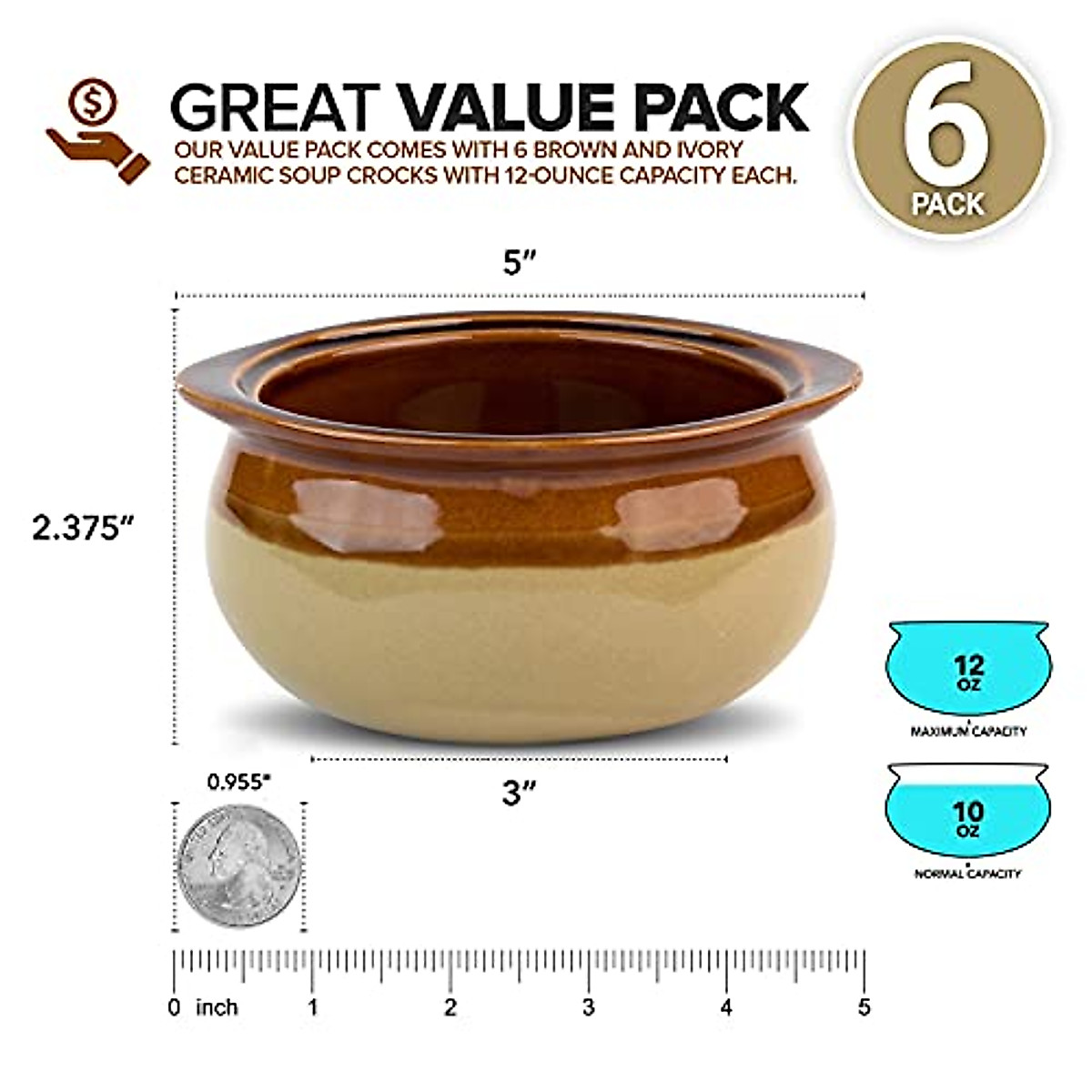 Stock Your Home French Onion Soup Crocks (6 Count) - 12 Ounce Oven Safe French Onion Soup Bowls - Two-Toned Brown & Ivory Ceramic Porcelain Soup Bowls