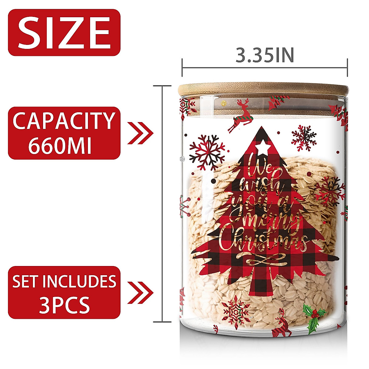Christmas Plaid Glass Storage Jars Set with Airtight Bamboo Lids - Clear Christmas Home Decor