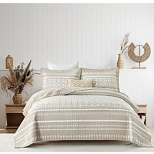 BCOTTOND King Quilt Set, 100% Cotton Boho Quilt King Size Bohemian Striped Pattern Bedspread King Lightweight Quilt Bedding Set Comforter Set All Season Beige Tan White 3 Piece