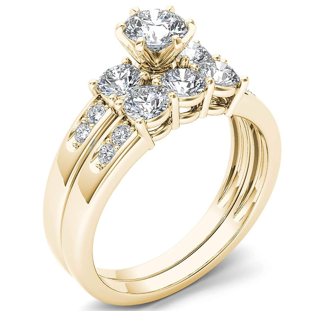 DZON IGI Certified 14k Yellow Gold 1 3/8 Carat TDW Diamond Three Stone Bridal Ring Set (I-J,I2)