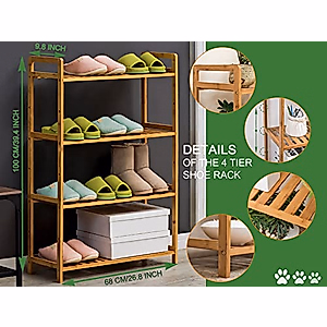 Wooden Shoe Rack 4 Tier | Bamboo and Wood Boot Rack Cowboy Boots Organizer Adjustable Shoes Storage Shelf for Entryway | Living Room | Bedroom | Bathroom | Balcony, Easy Installation, H40 x L28 x W10